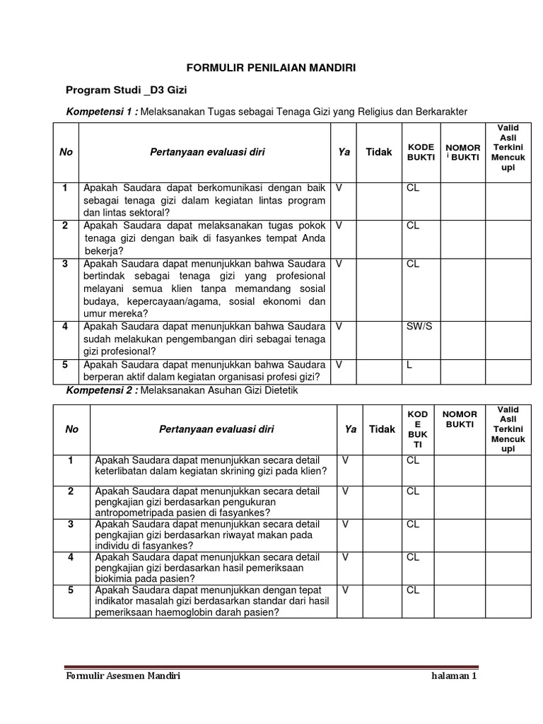 Formulir Asesmen Mandiri Tenaga Gizi | PDF