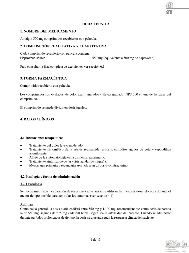 Indicaciones y Precauciones de Antalgin 550 mg | PDF | Droga anti ...