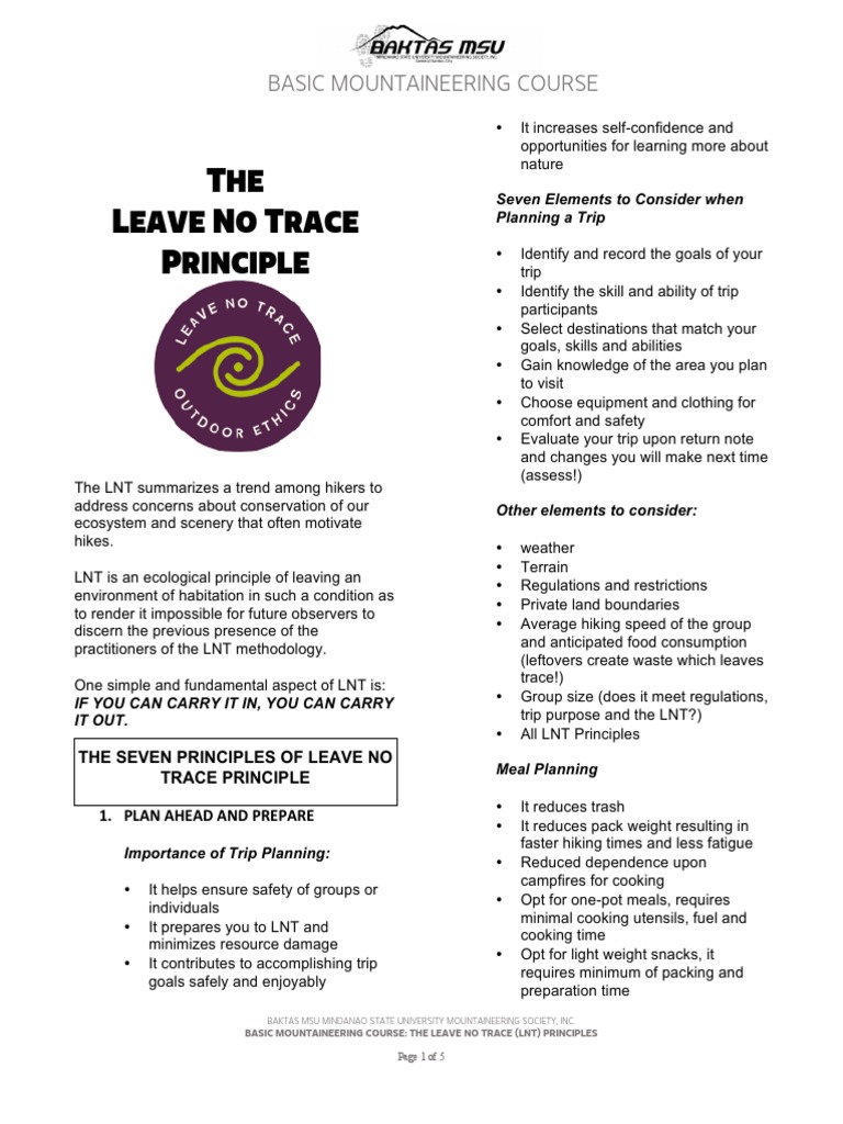 Leave No Trace Principles for Hikers | PDF | Camping | Trail