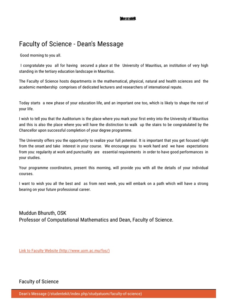 Faculty of Science - Dean's Message | PDF | Science | Academia