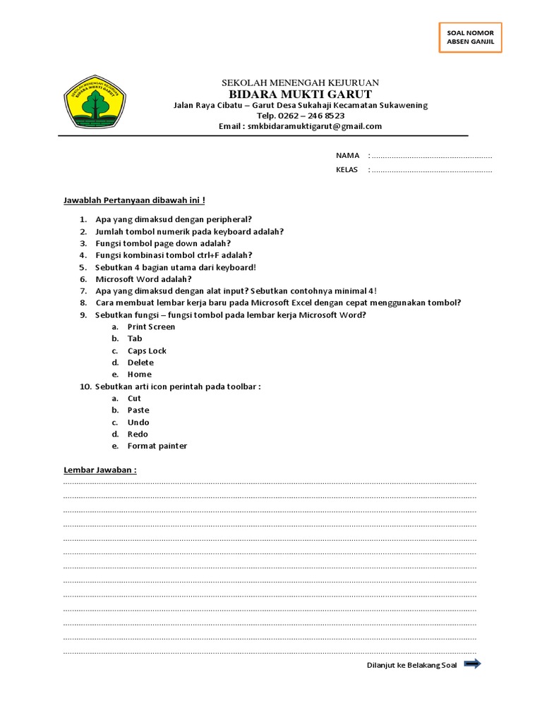 Soal UTS Semester 1 SMK Bidara Mukti Garut 2016 | PDF