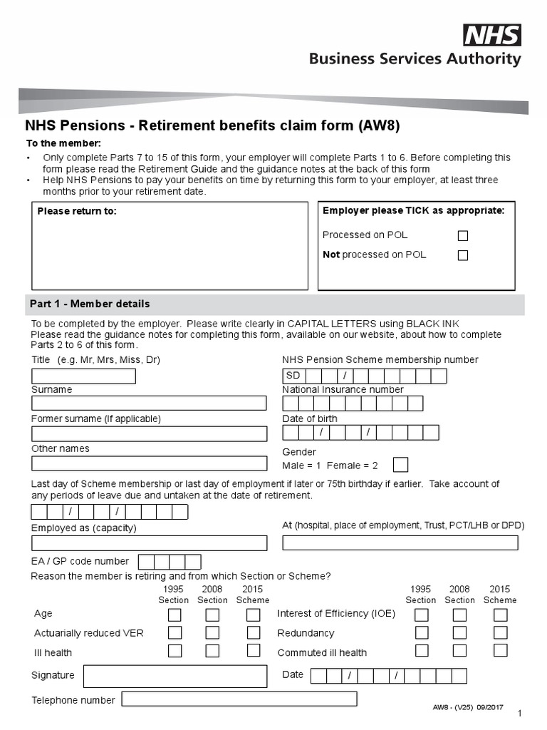 NHS Pensions - Retirement Benefits Claim Form (AW8) : To The Member ...