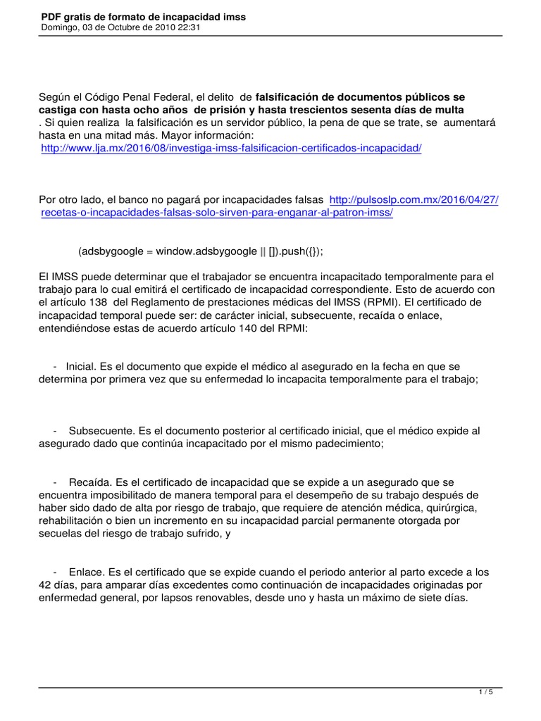 PDF Gratis de Formato de Incapacidad Imss