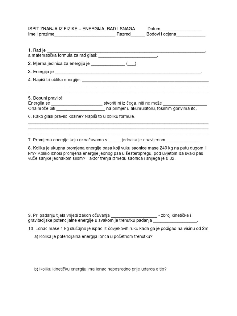 Ispit Znanja Iz Fizike Rad | PDF