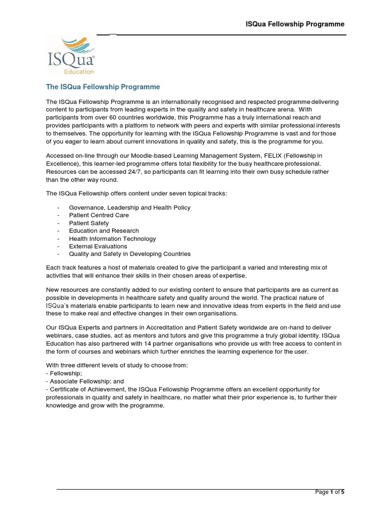 ISQua Fellowship Programme Overview | PDF | Expert | Patient Safety