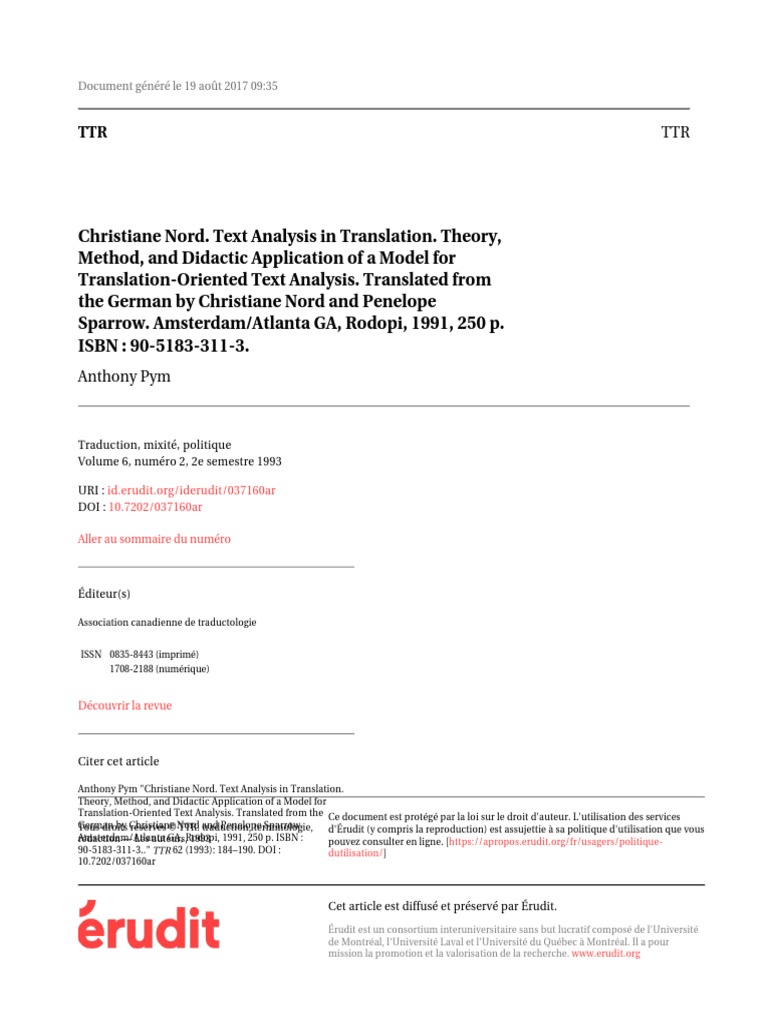 Christiane Nord. Text Analysis in Translation. | PDF | Norme sociale ...