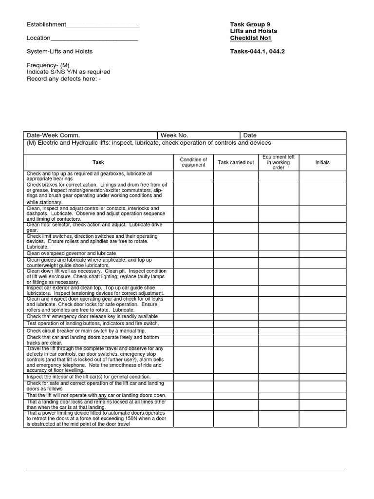 Lift Maintenance and Inspection Checklist | PDF