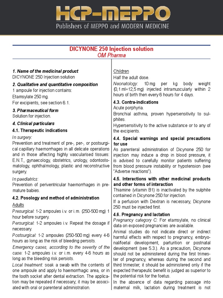 DICYNONE 250 Injection Solution: OM Pharma | PDF | Intravenous Therapy ...