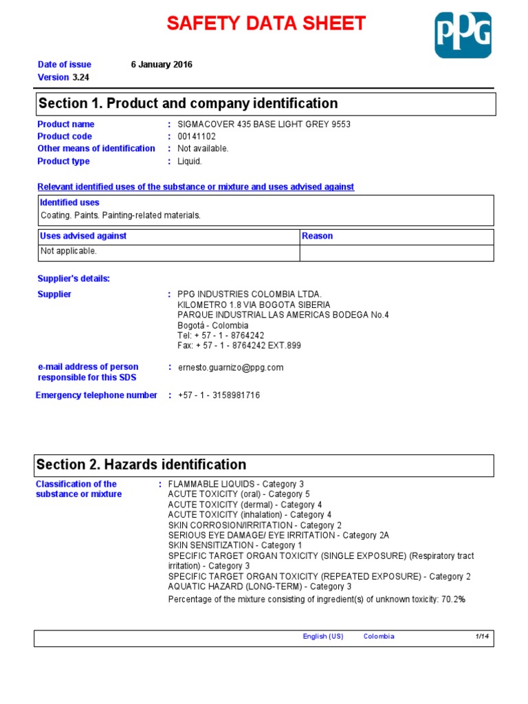 3.-Msds - Sigmacover 435 Base | Toxicity | Personal Protective Equipment