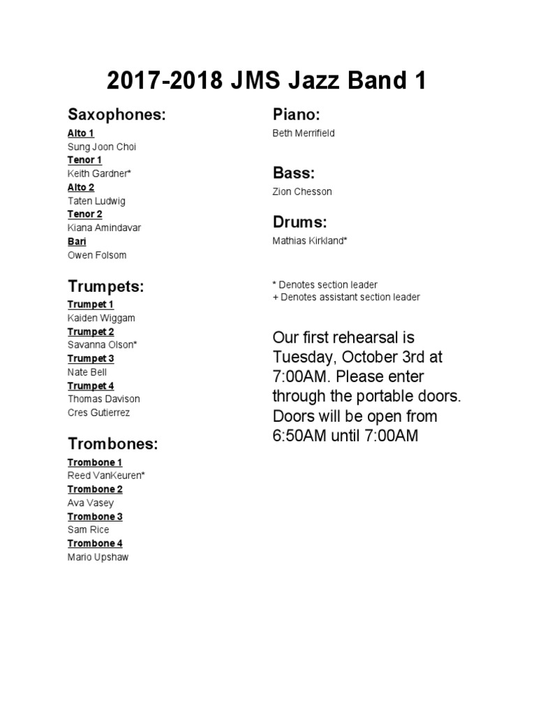 JMS Jazz Band 2017-2018 Lineup | PDF | Art