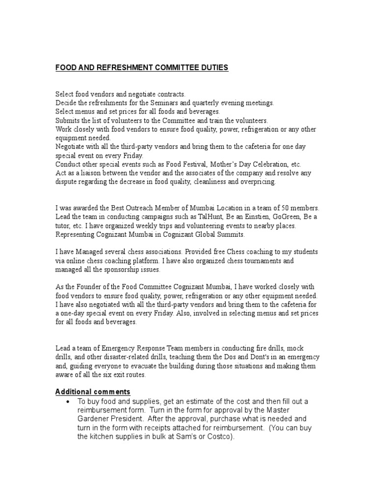 Food and Refreshment Committee Duties | PDF | Tea | Food And Drink