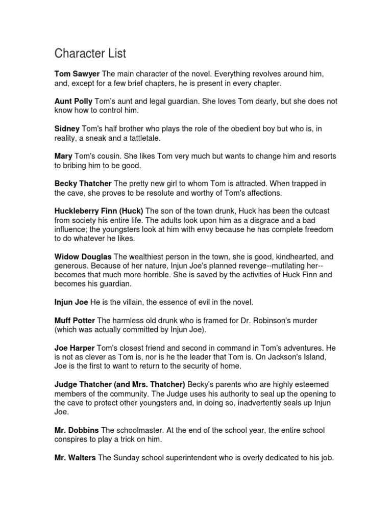 Character List | PDF | Huckleberry Finn | Novels
