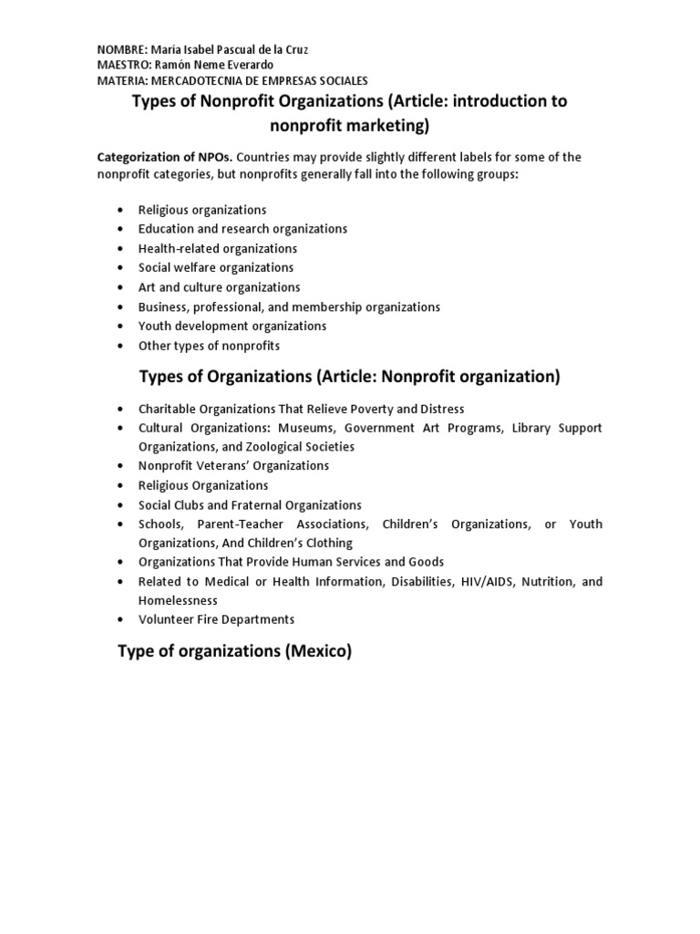 Types of Nonprofit Organizations Explained | PDF
