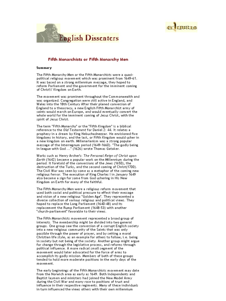 English Dissenters - Fifth Monarchists or Fifth Monarchy Men | PDF ...