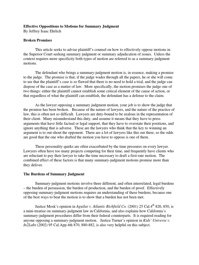 Effective Oppositions To Motions For Summary Judgment | PDF ...