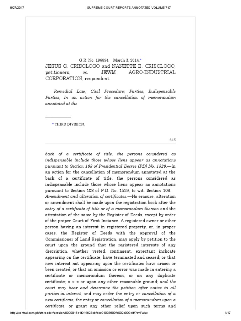 Jesus G. Crisologo and Nanette B. Crisologo, Petitioners, Jewm Agro ...