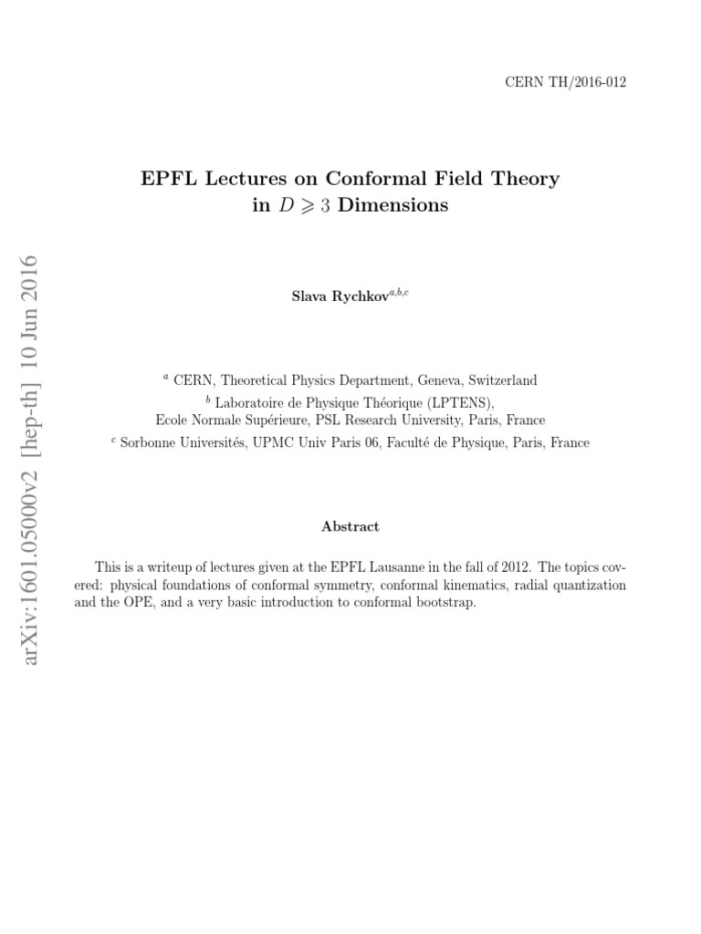 EPFL Lectures On Conformal Field Theory in D 3 Dimensions | PDF ...