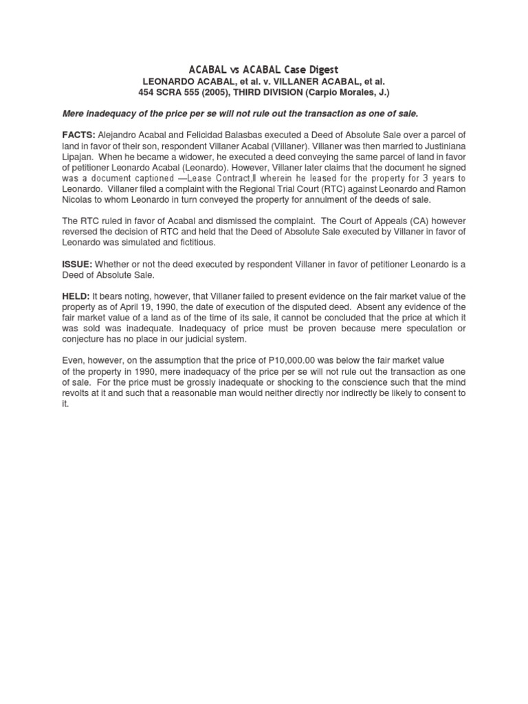 ACABAL Vs ACABAL Case Digest: Mere Inadequacy of The Price Per Se Will ...