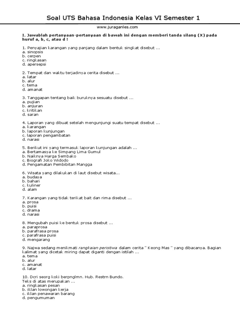 Soal UTS Bahasa Indonesia Kelas 6 Semester 1 | PDF