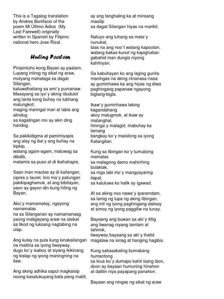 This Is A Tagalog Translation by Andres Bonifacio of The Poem Mi Último ...