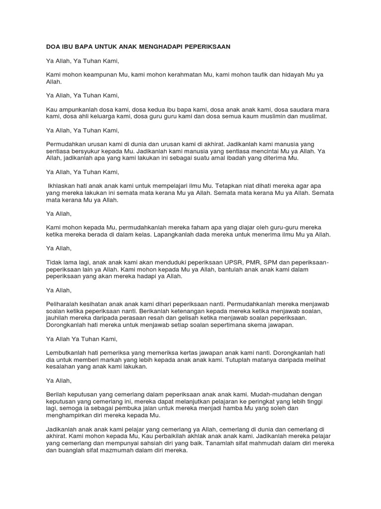 Doa Ibu Bapa Untuk Anak Menghadapi Peperiksaan | PDF