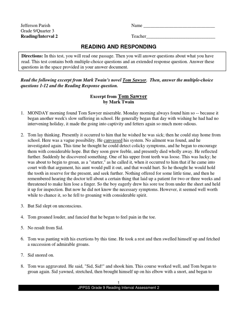 Rubric For Reading Response Tom Sawywe | PDF | Mark Twain | Educational ...
