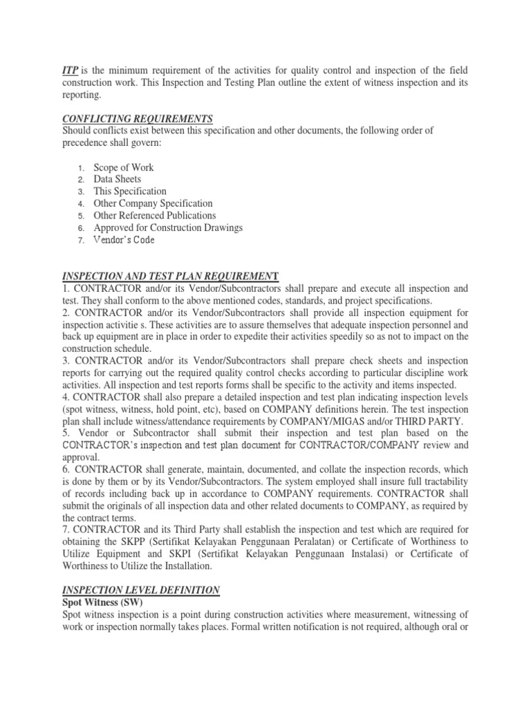 ITP Is The Minimum Requirement of The Activities For Quality Control and Inspection of The Field ...