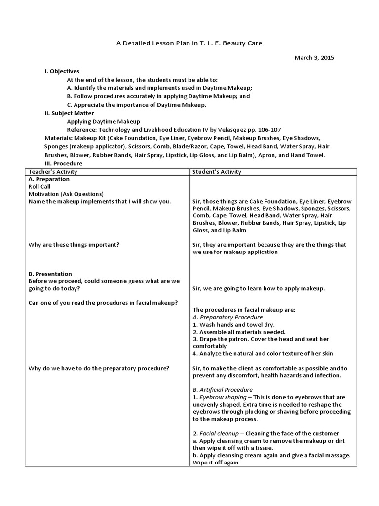 A Detailed Lesson Plan in T. L. E. Beauty Care: I. Objectives ...