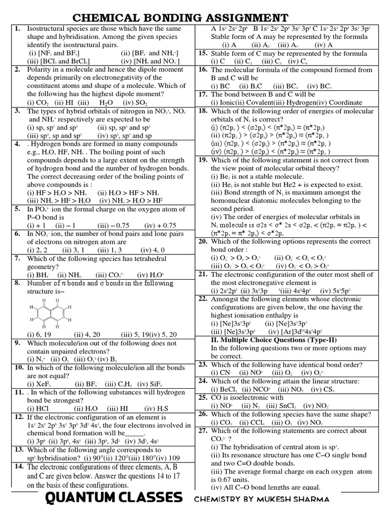 Chemical Bonding MCQs: Isostructural Pairs, Dipole Moments, and ...