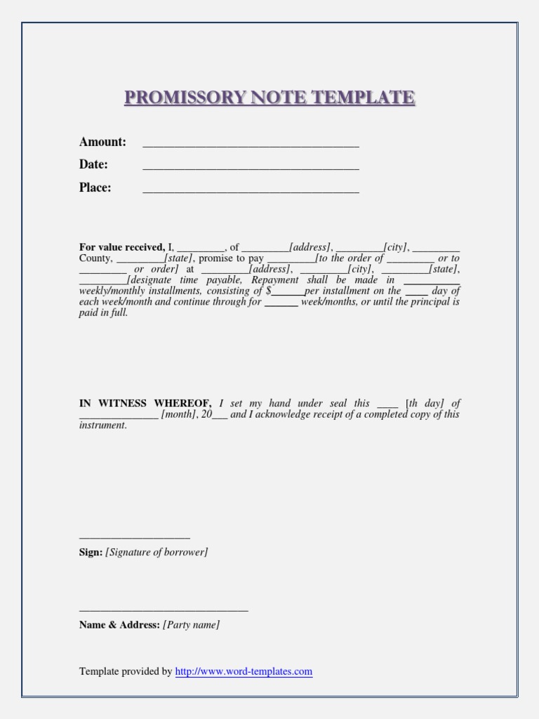 A Concise Promissory Note Template Detailing Key Loan Terms for ...