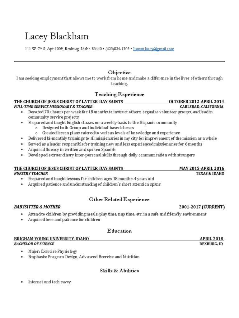 Resume Blackhamlacey | Download Free PDF | Missionary (Lds Church ...
