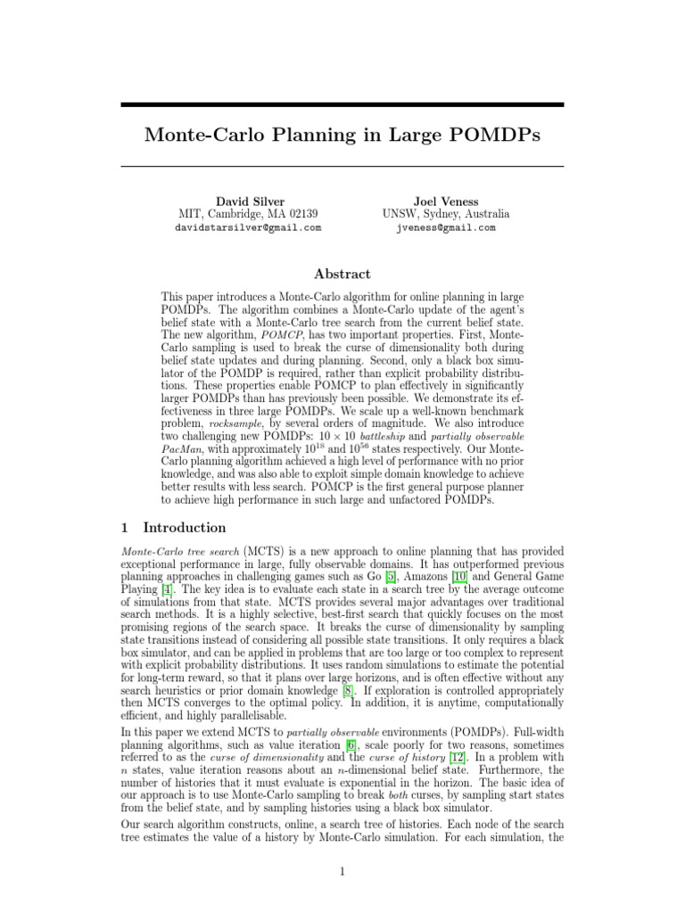Monte-Carlo Planning in Large Pomdps | Download Free PDF | Monte Carlo Method | Applied Mathematics