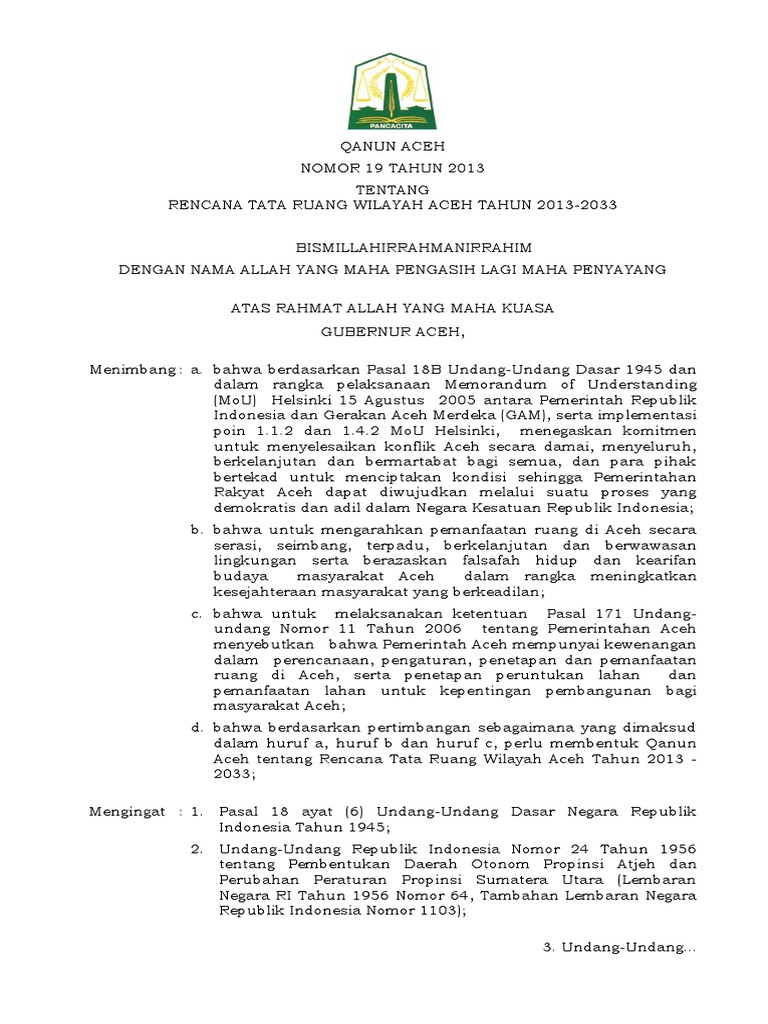 Qanun Aceh Nomor 19 Tahun 2013 RTRW Aceh DPRA PDF | PDF