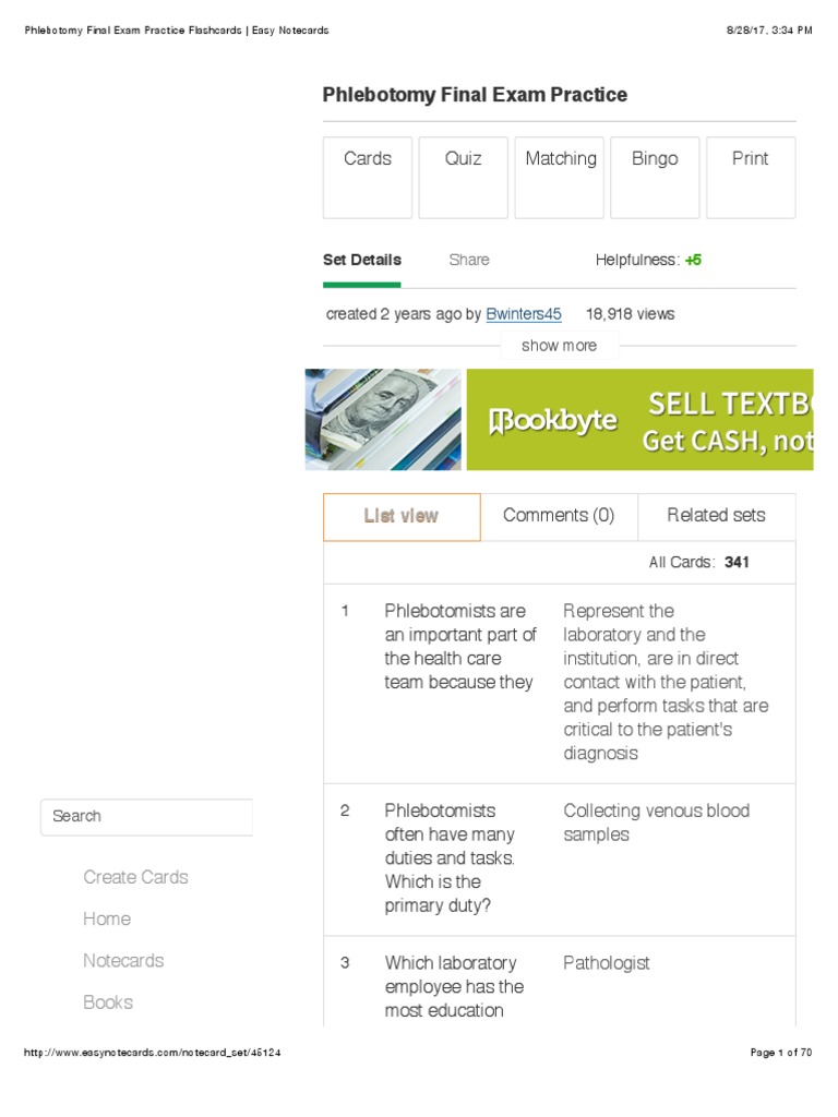Phlebotomy Final Exam Practice Flashcards - Easy Notecards | PDF ...