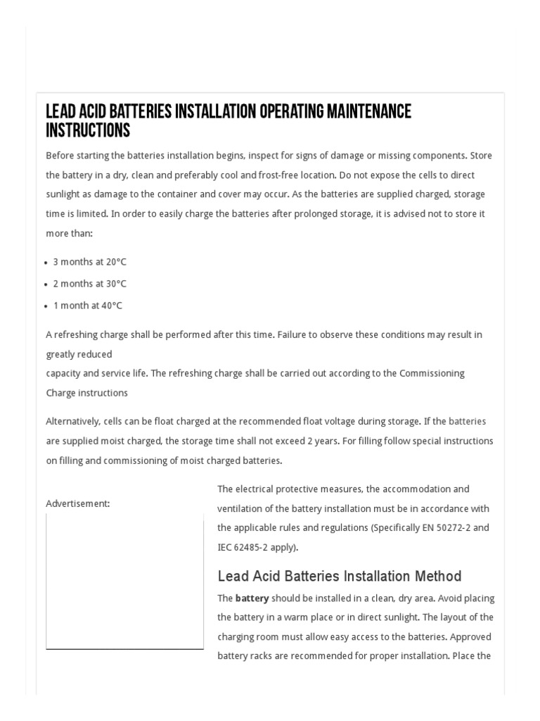 Lead Acid Batteries Installation Operating Maintenance Instructions ...