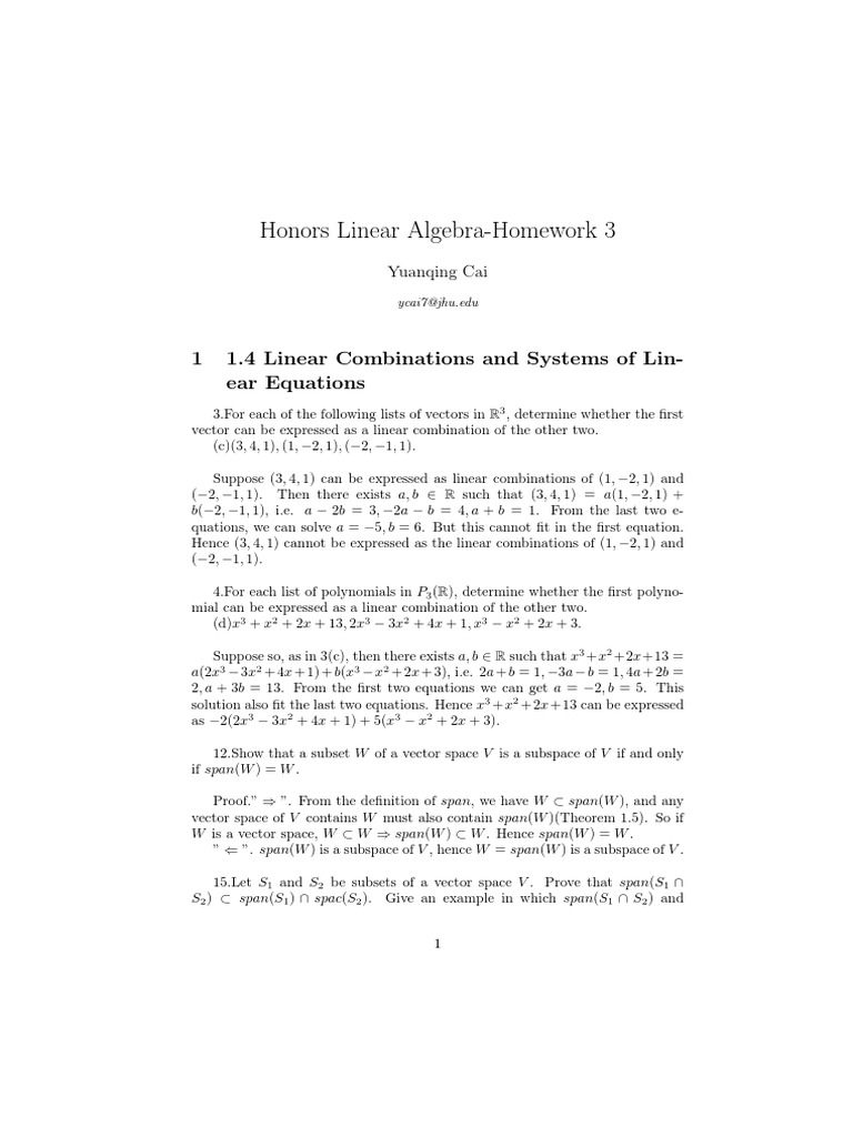 Honors Linear Algebra HW 3 | PDF | Linear Subspace | Vector Space