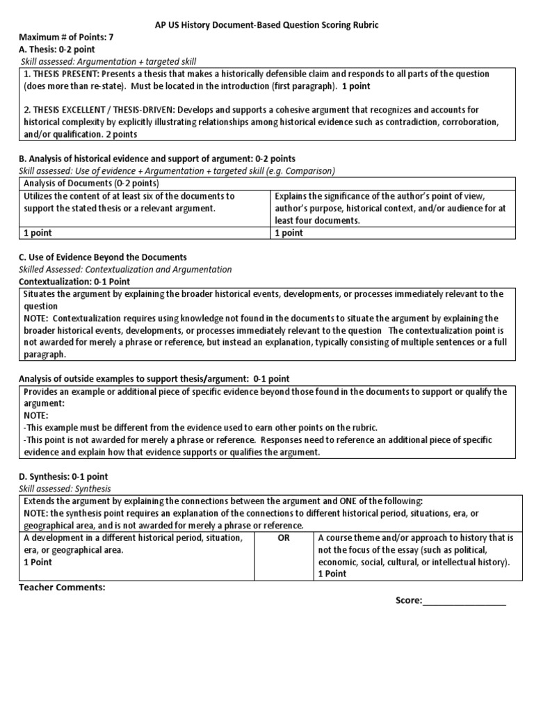 AP US History DBQ Scoring Rubric | PDF | Thesis | Argument