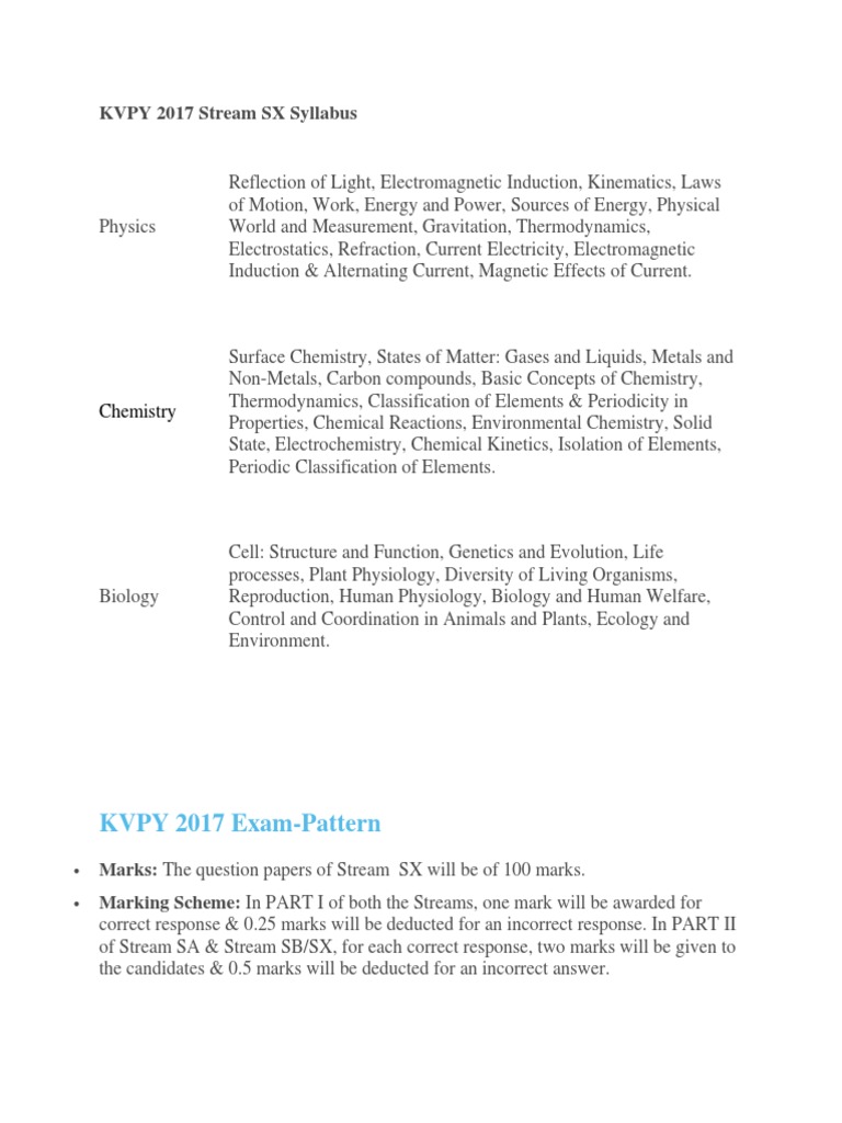 KVPY 2017 Stream SX Syllabus Overview | PDF