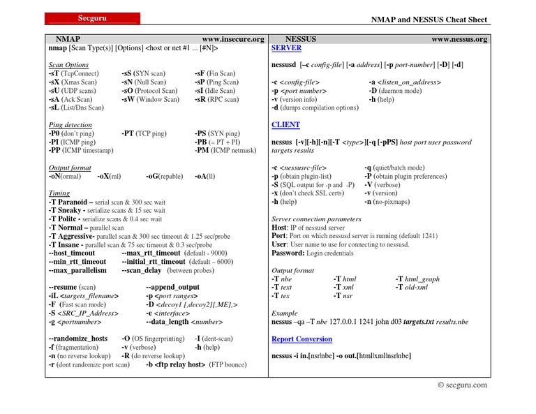 Nessus Cheat Sheat Transmission Control Protocol Computer Network