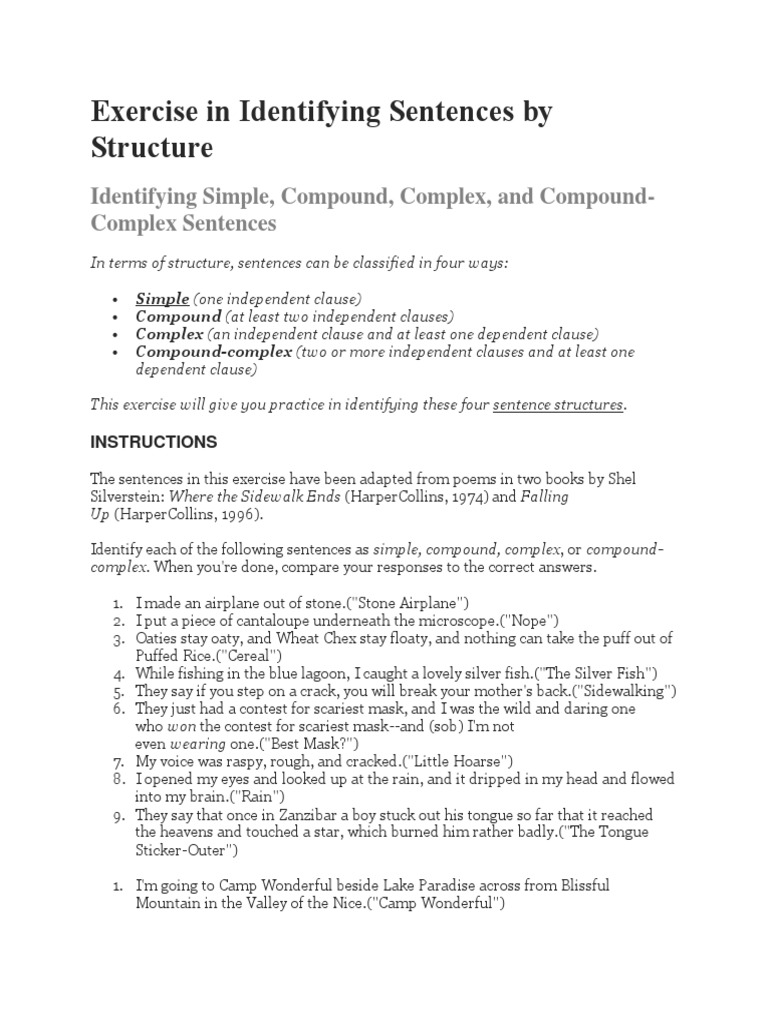 Exercise in Identifying Sentences by Structure | PDF | Leisure