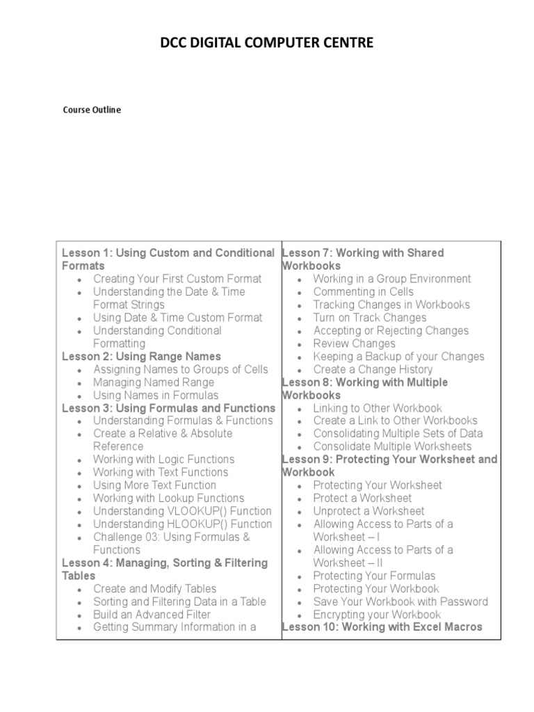 Excel Course Outline PDF Microsoft Excel Data Management