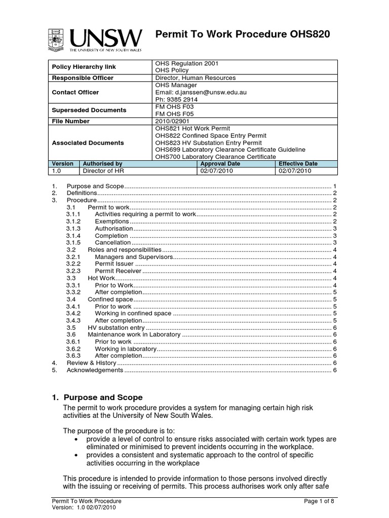 Managing High Risk Work Through Permits: The Permit To Work Procedure ...