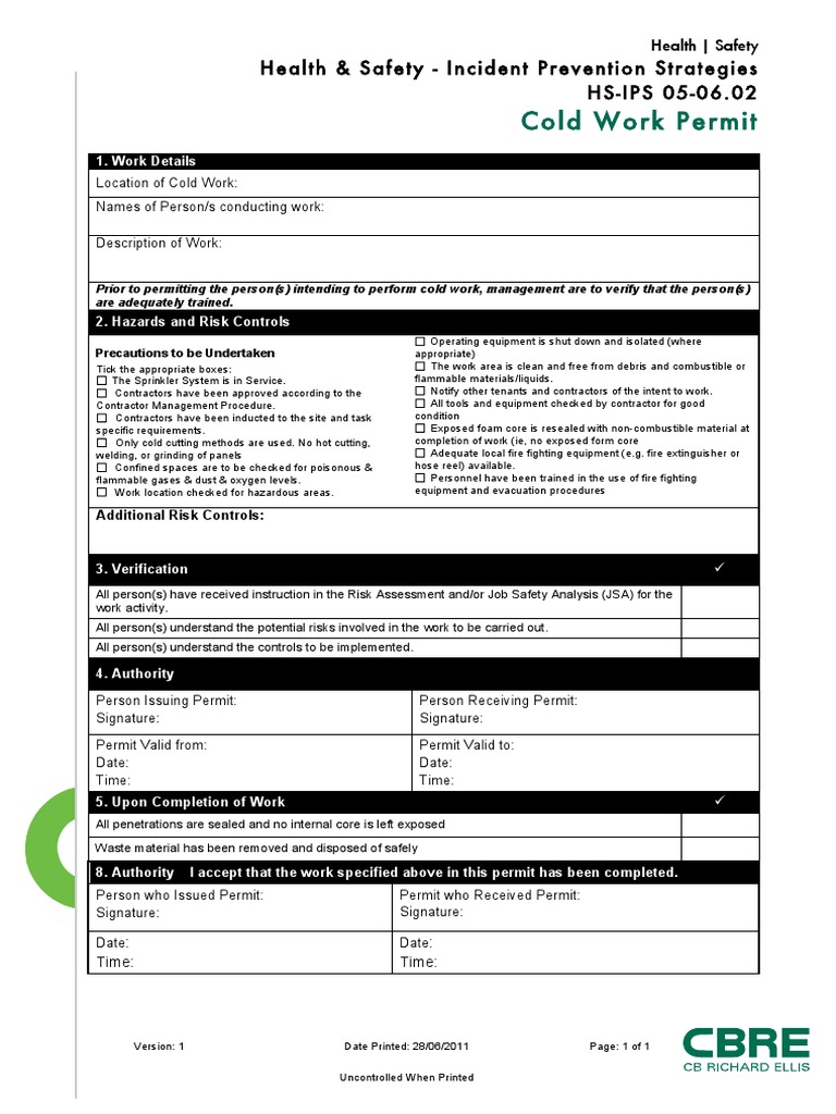 Cold Work Permit | Firefighting | Hazards