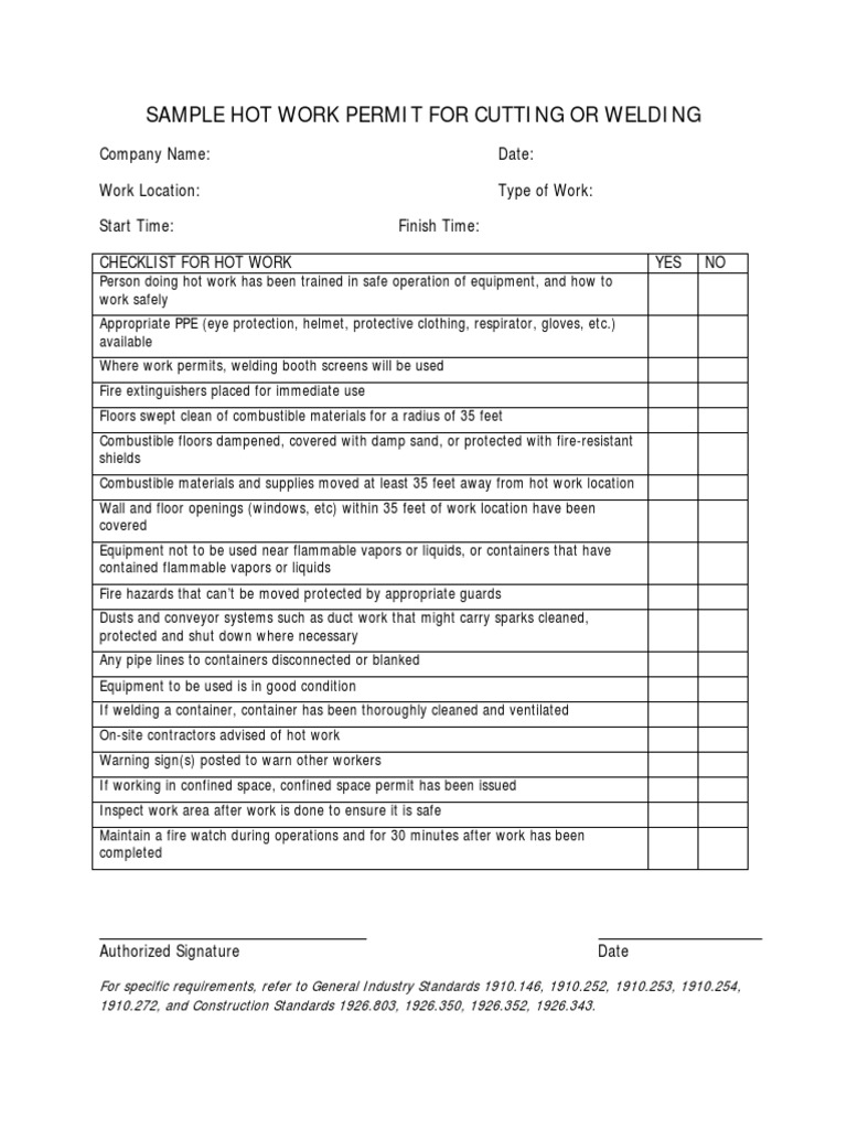 Sample Hot Work Permit For Cutting Or Welding