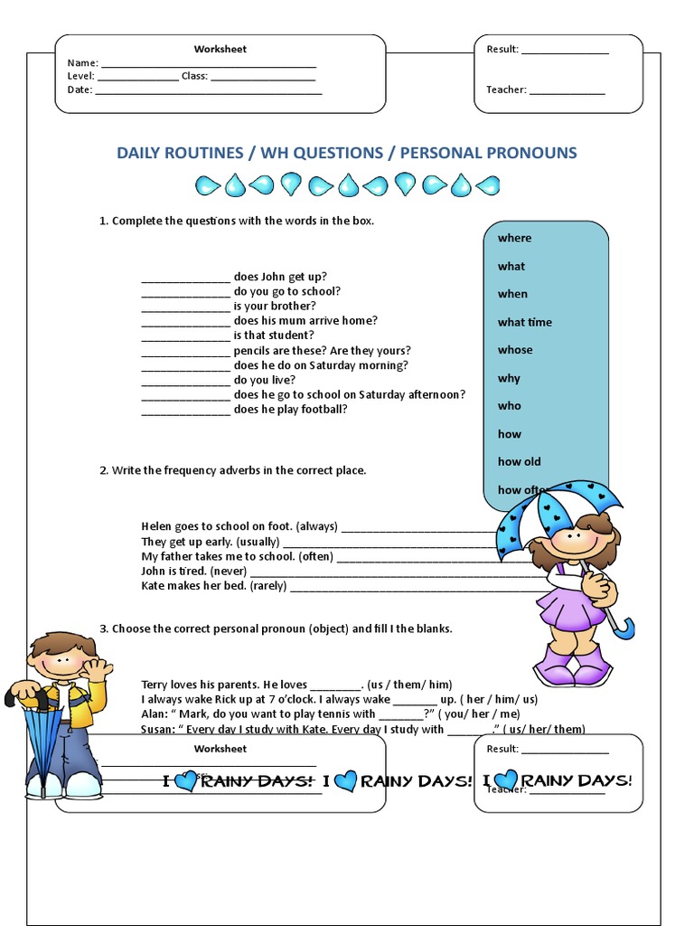 Daily Routines WH Questions Personal Pronouns | PDF | Linguistic ...