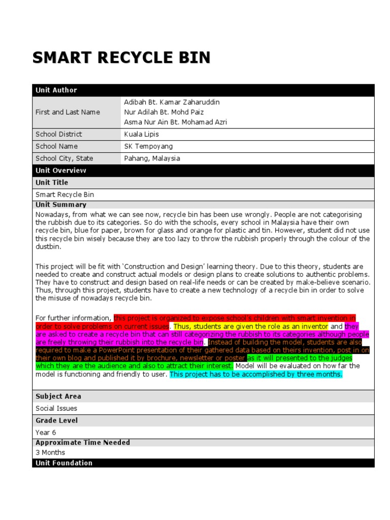 Our Unit Plan - Recycle Bin | PDF | Rubric (Academic) | Educational ...