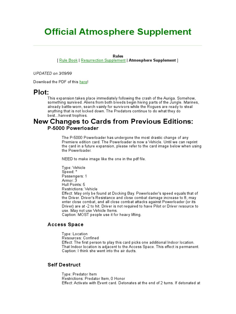 Aliens Predator CCG - Rules - Official Atmosphere Supplement | PDF ...