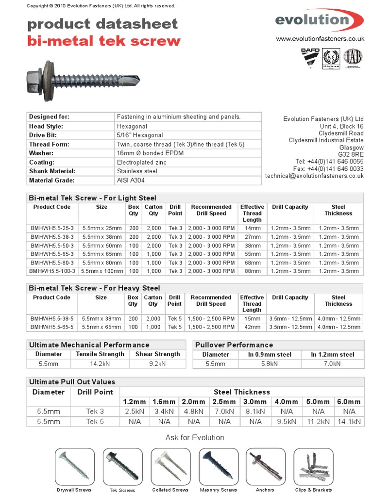 Bi-Metal Tek Screw: Product Datasheet | PDF | Screw | Metals