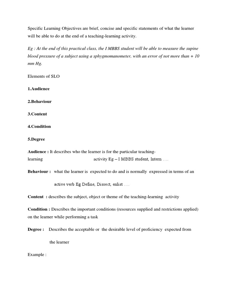 Specific Learning Objectives | PDF