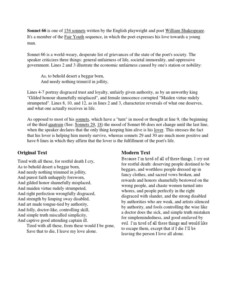 Sonnet 66 | Shakespeare's Sonnets | British Poems